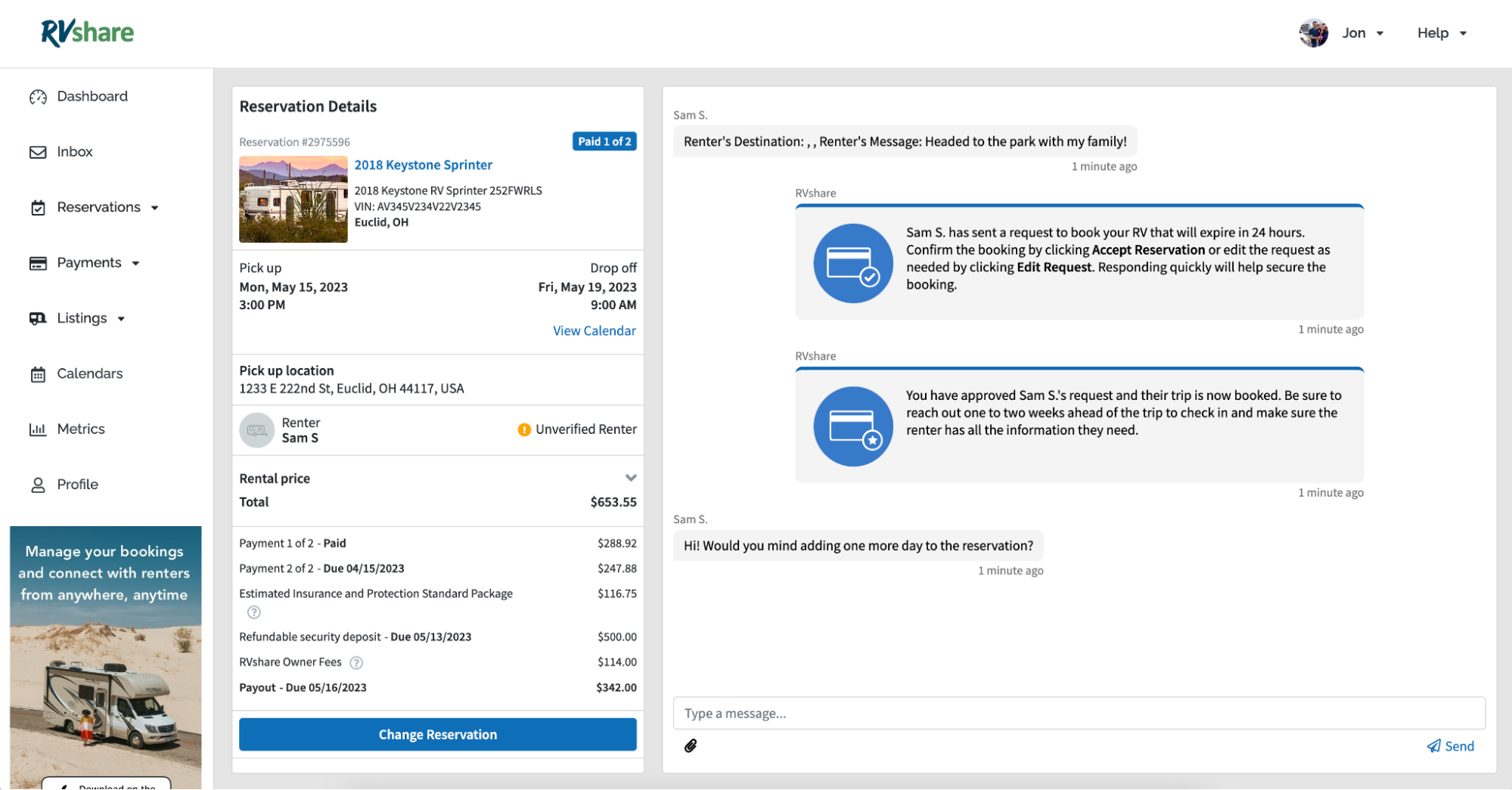 How can I change a reservation once a renter has booked my RV?